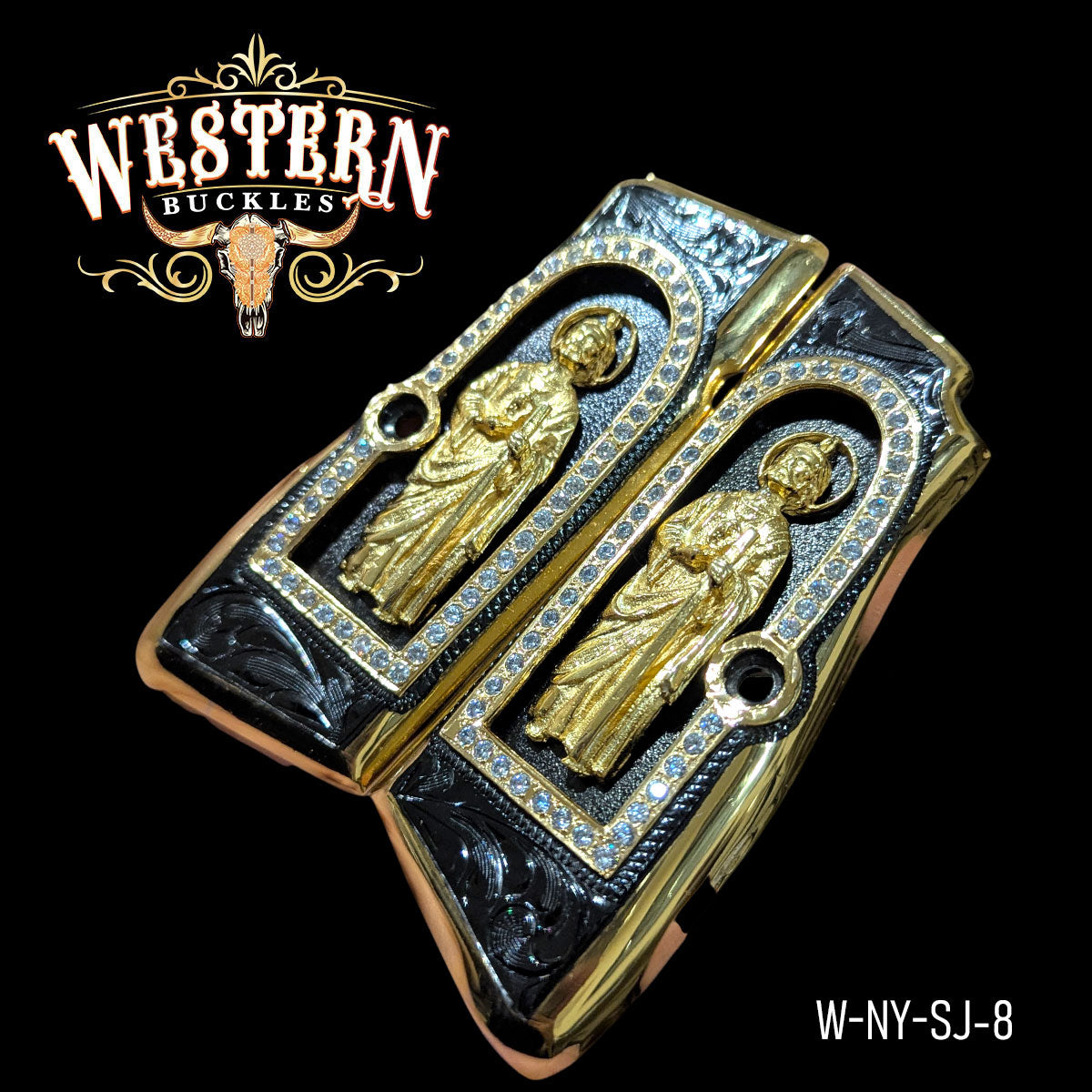 Cachas Browning HP San Judas Niquel Negro con Zirconias – Western Buckles